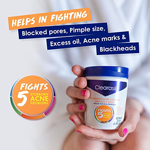 Clearasil Acne Treatment Facial Cleansing Pads, Stubborn Acne Control 5-in-1 Daily Pads, 90 Pads (Pack of 3)