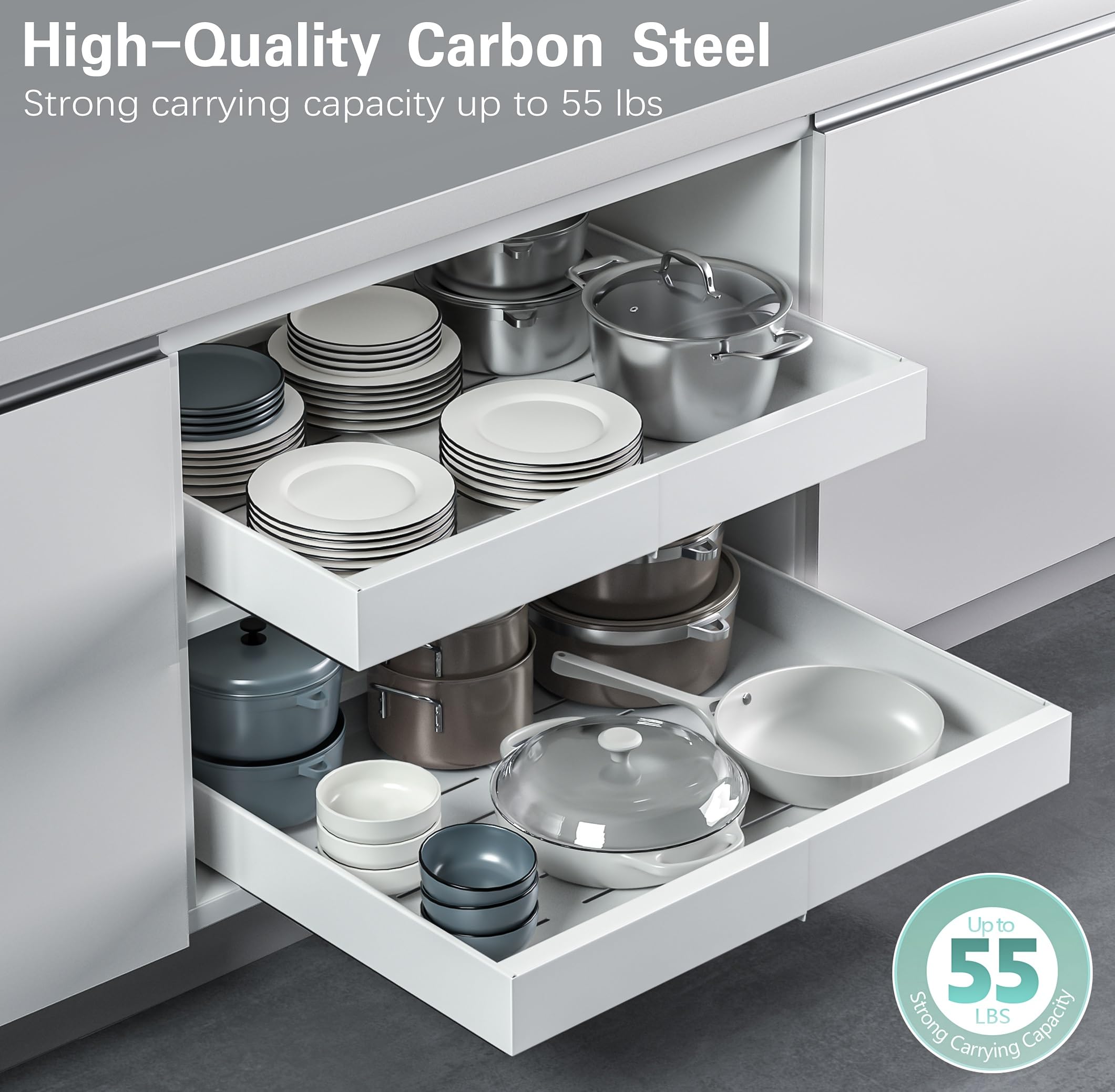 2Pack Expandable Pull Out Cabinet Organizer 21" Deep, Peel And Stick Slide Out Drawers for Kitchen Cabinet, Cabinet Pull Out Shelves, Roll Out Drawers Adjustable Width 12"-20.45" White
