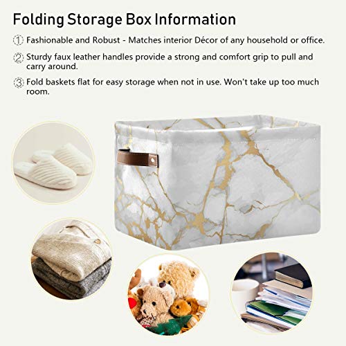 AUUXVA White Gold Marble Storage Basket Bin Large Fabric Toys Storage Cube Box with Handles Collapsible Closet Shelf Cloth Organizer Basket Set of 2 for Nursery Bedroom