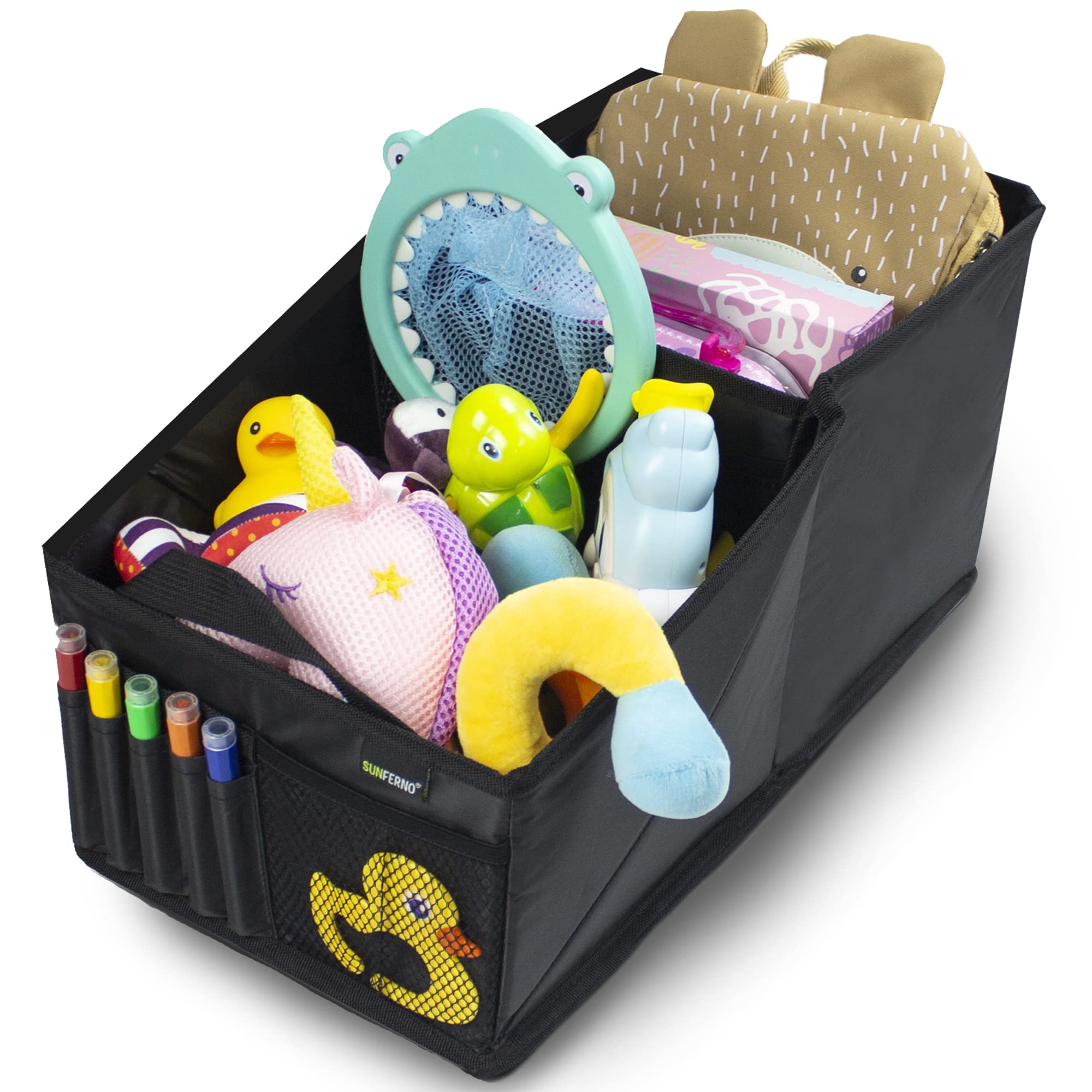 Sunferno Foldable Car Seat Organizer for Front, Back Seat & Trunk - Store Your Baby Supplies, Kids Toys, Car Cleaning Supplies, Work Tools in the 12 Storage Compartments - Passenger Seat Organizer