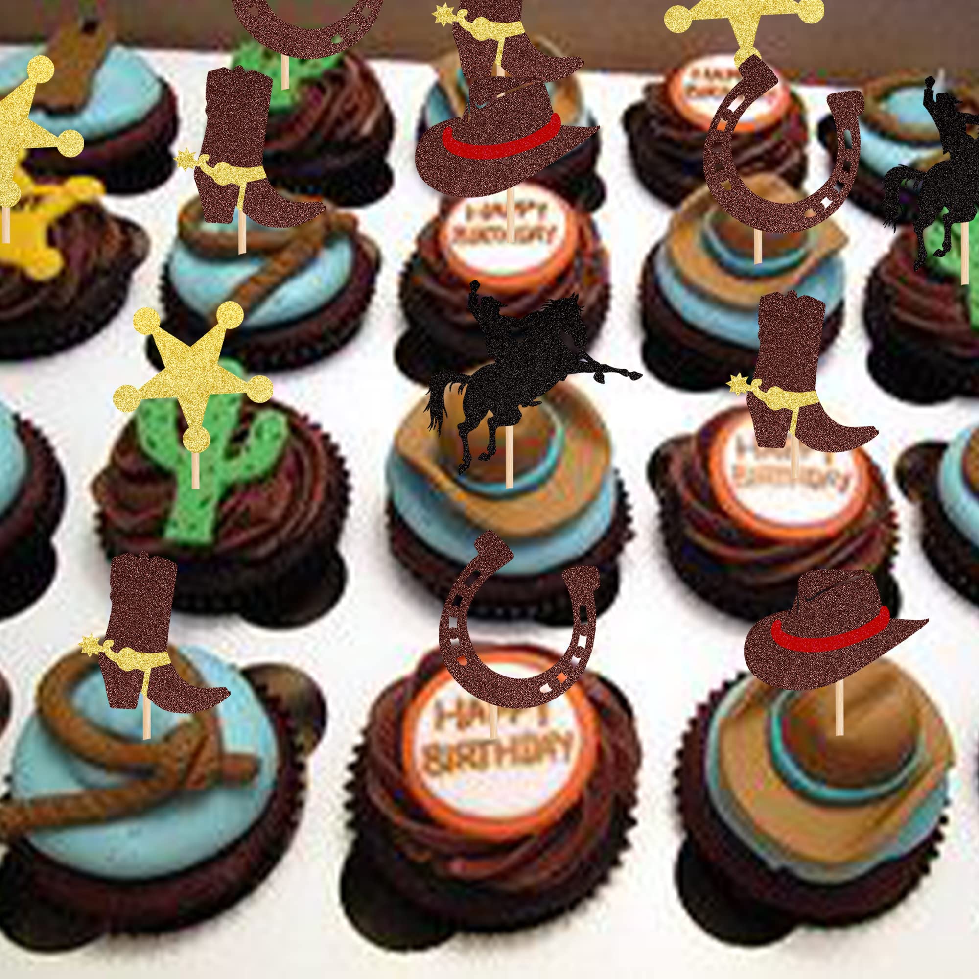 30 PCS Cowboy Cupcake Toppers Glitter HorseShoe Cowboy Hats Boots Cupcake Picks Western Theme Baby Shower Birthday Party Cake Decorations Supplies