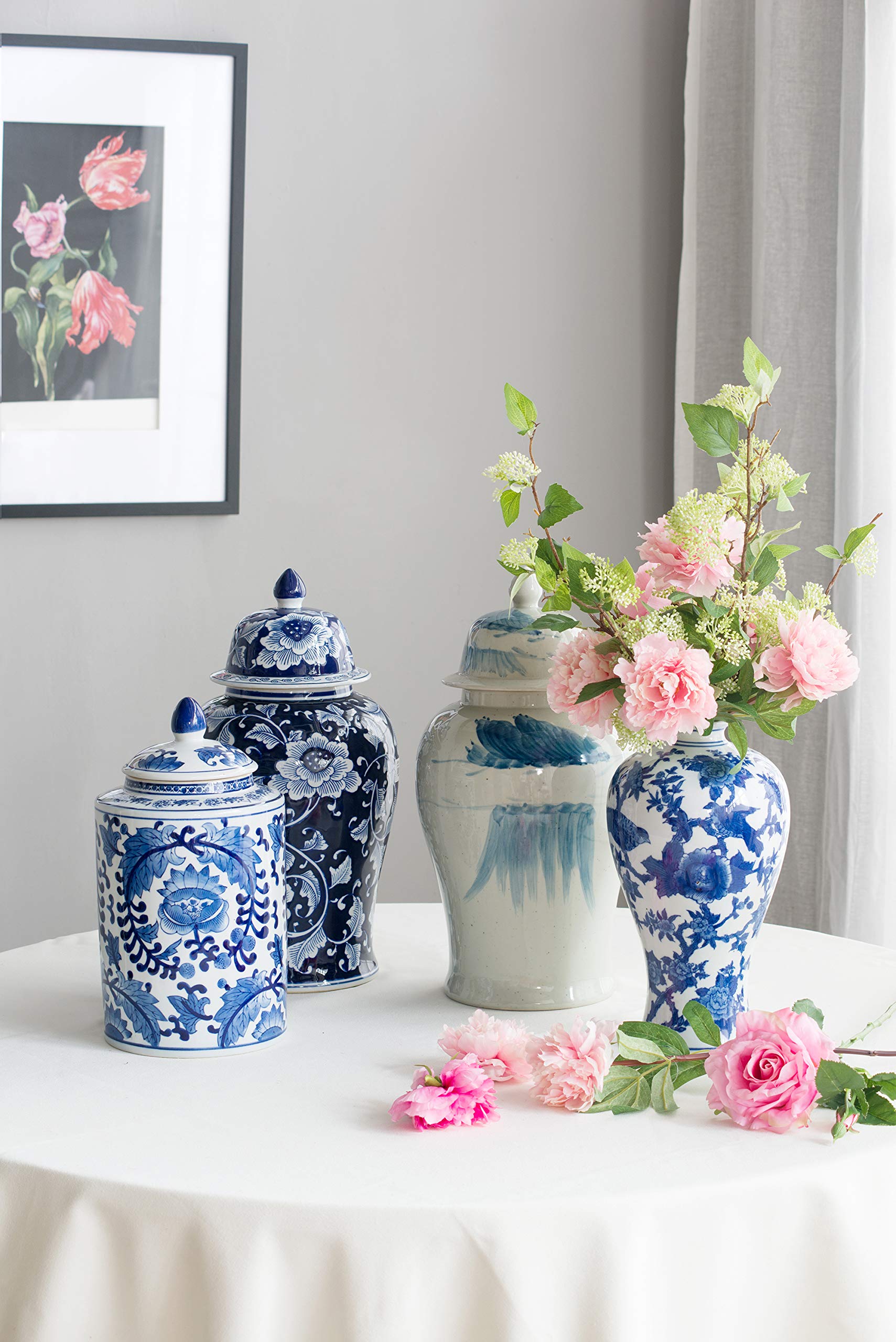 A&B Home 13'' Blue White Porcelain Jar Flower Planter Pot Home Decor Vase Hand Painted Floral Print Tall Vase Asian Decorations