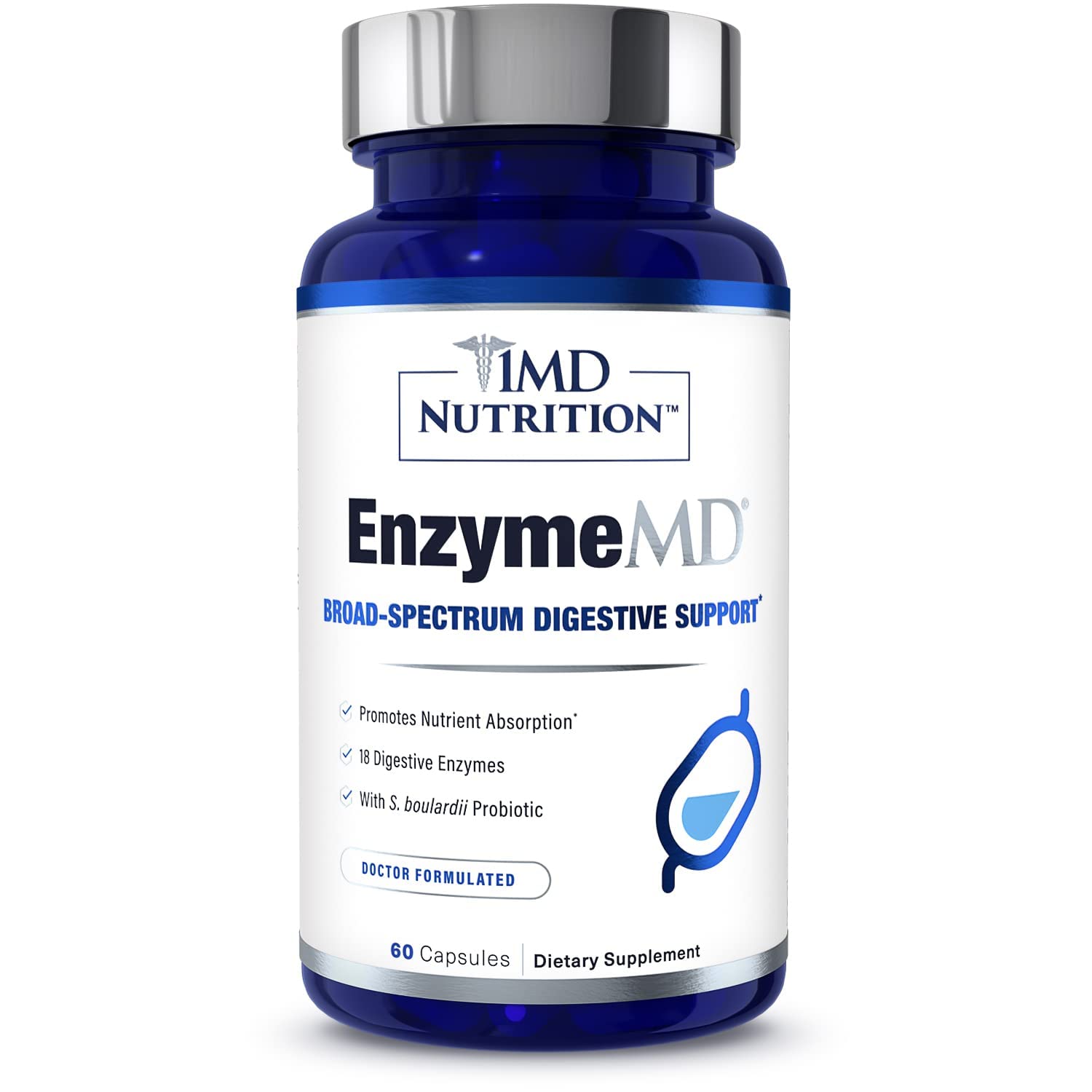 1MD Nutrition EnzymeMD - Digestive Enzymes Supplement - Doctor Formulated | 18 Plant-Based Enzymes - Gas & Bloating Support | 120 Capsules (2-Pack)