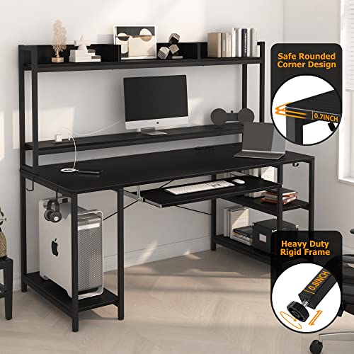 55" Computer Desk with Power Outlet & USB Ports, Heavy Duty Desk with Hutch Keyboard Tray, Home Office Desks with Shelves Monitor Stand, Study Table Writing Desk Workstation, Easy to Assemble, Black