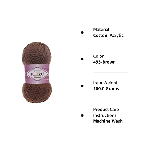 55% Cotton 45% Acrylic Alize Cotton Gold Yarn 1 Skein/Ball 100 gr 360 yds (493-Brown)