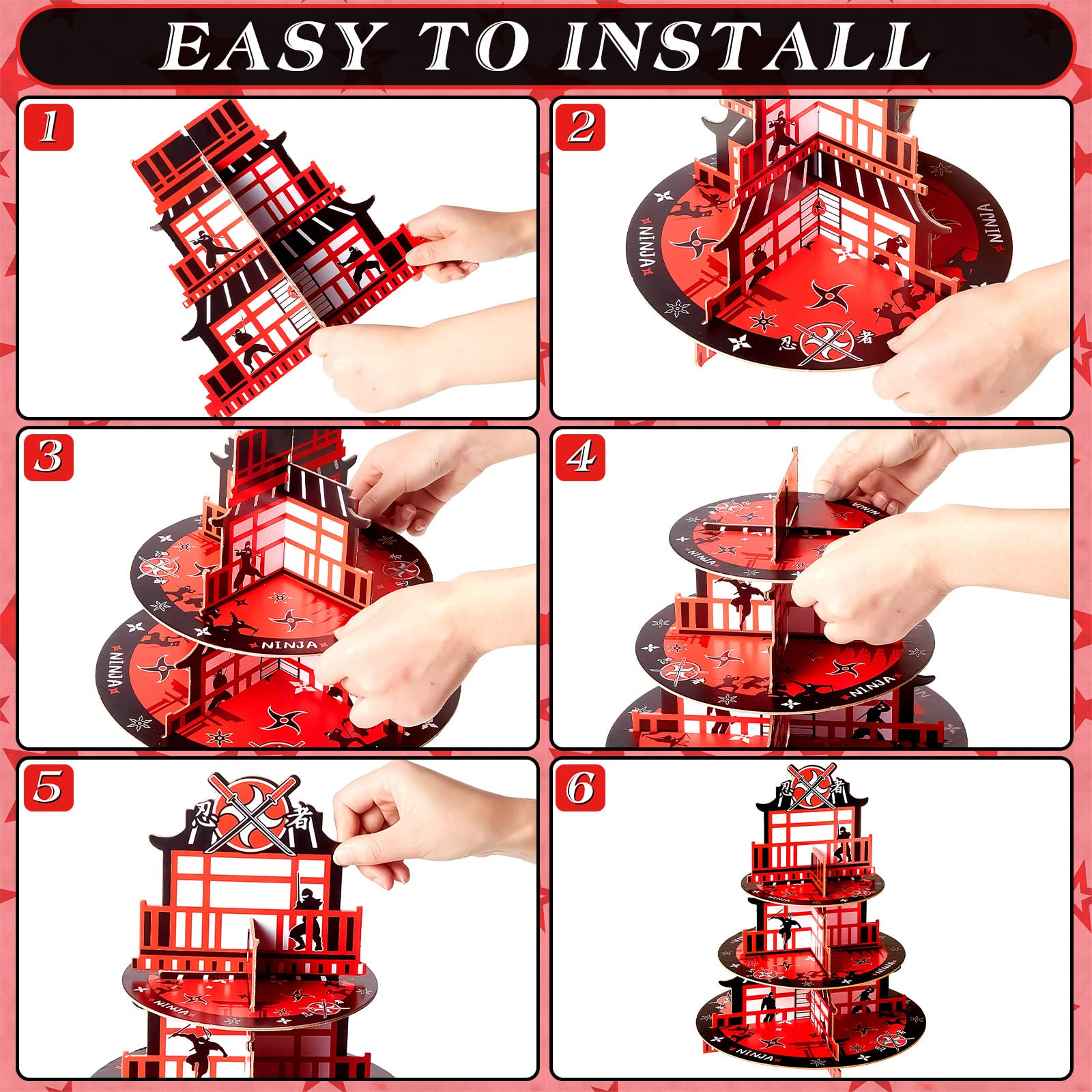 25 Pcs Ninja Party Decorations 3 Tier Ninja Cupcake Stand Ninja Birthday Party Supplies Ninja Cupcake Wrapper Ninja Cupcake Holder for Boys Birthday