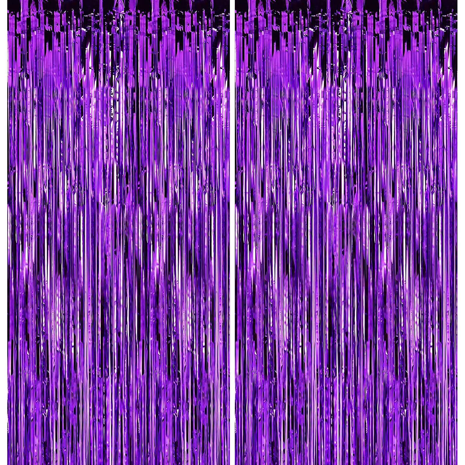 2 Pack 3.2 ft x 9.8 ft Purple Tinsel Curtain Party Backdrop Decorations, Metallic Foil Fringe Backdrop Door for Halloween, Christmas, Birthday Graduat