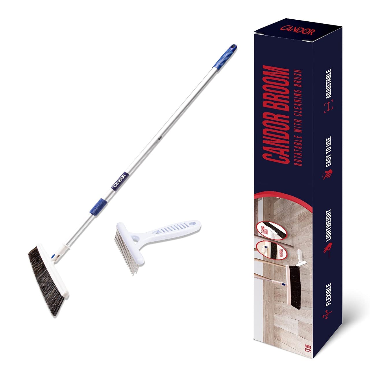 Candor Rotatable Push Broom | 63 Inch Long Lightweight Flexible Cleaning Brush Swiftly Glides Under Beds, Tables, Sofas, Ovens | Also Includes A Handy Brush to Clean The Broom | 18 Inch Head