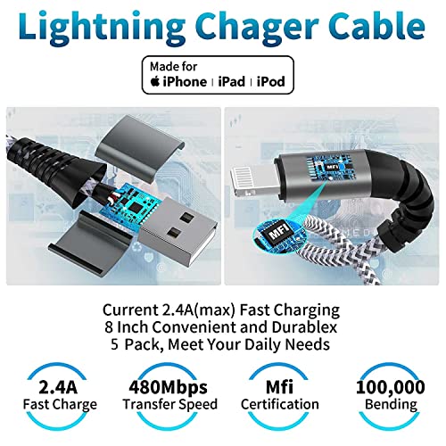 5 Pack Short Lightning Cable(8 Inch), [Apple MFi Certified] iPhone Fast Charging Cable,USB to Lightning High Speed Data Sync Nylon Braided Cord for iPhone 14/13/12/11/XR/X/8/7/6/iPad/Airpods/PowerBank