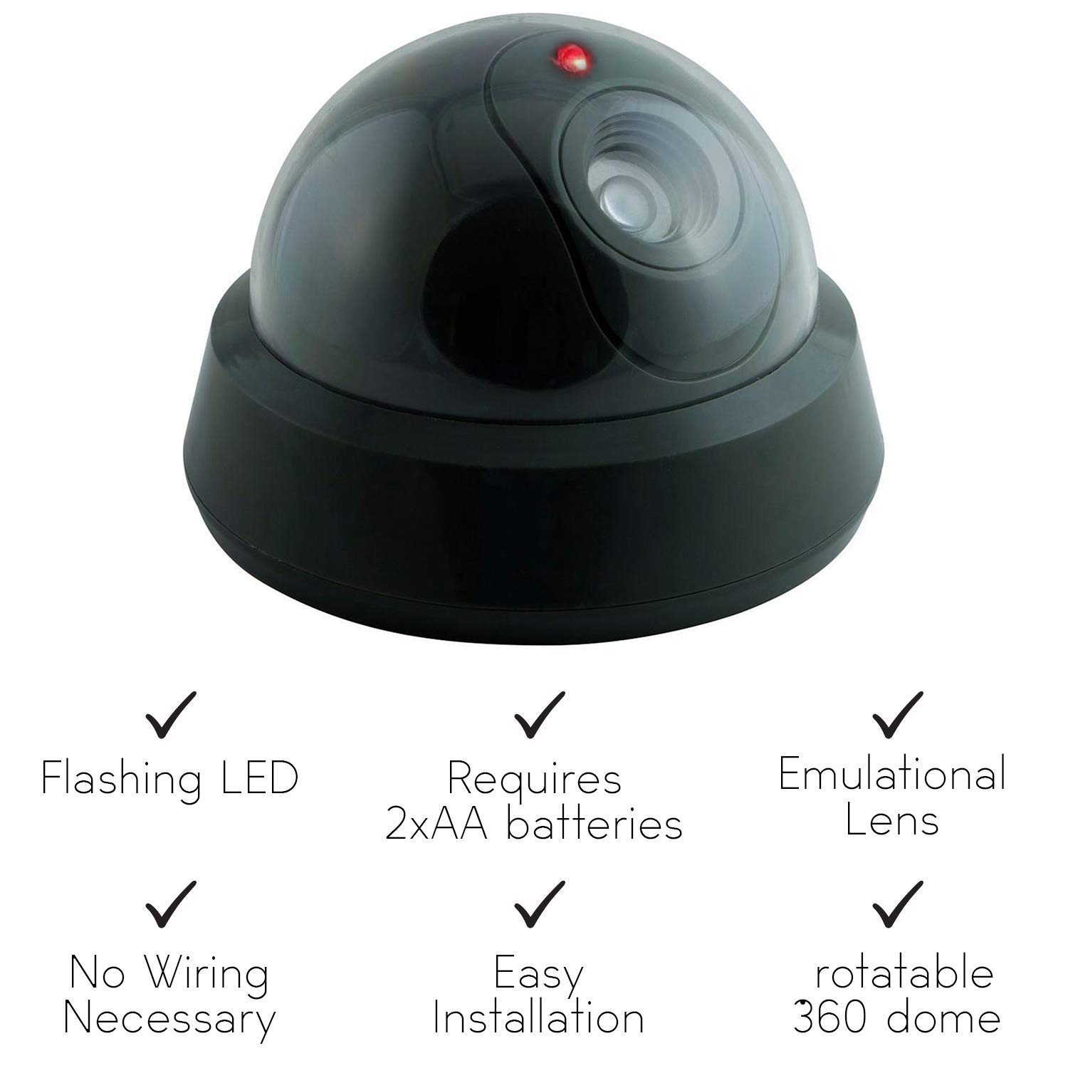 Dummy Fake Security Surveillance CCTV Dome Camera with One Red LED Light Outdoor Indoor Wireless Home Cam System Battery Powered Realistic Look for Home or Business Anti-Theft 2 pack