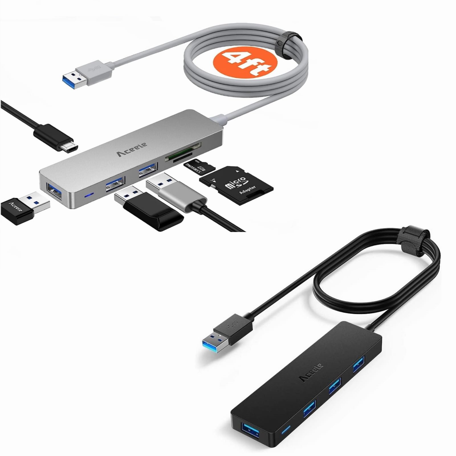 Aceele 6 in 1 USB 3.0 Hub Bundle of 4 in 1 USB 3.0 Hub, 4ft Extended Long Cable, Ultra-Slim Multiport Expander for Desktop Computer PC, Laptop, Chromebook, Mac Mini, iMac, PS4, Flash Drive Data