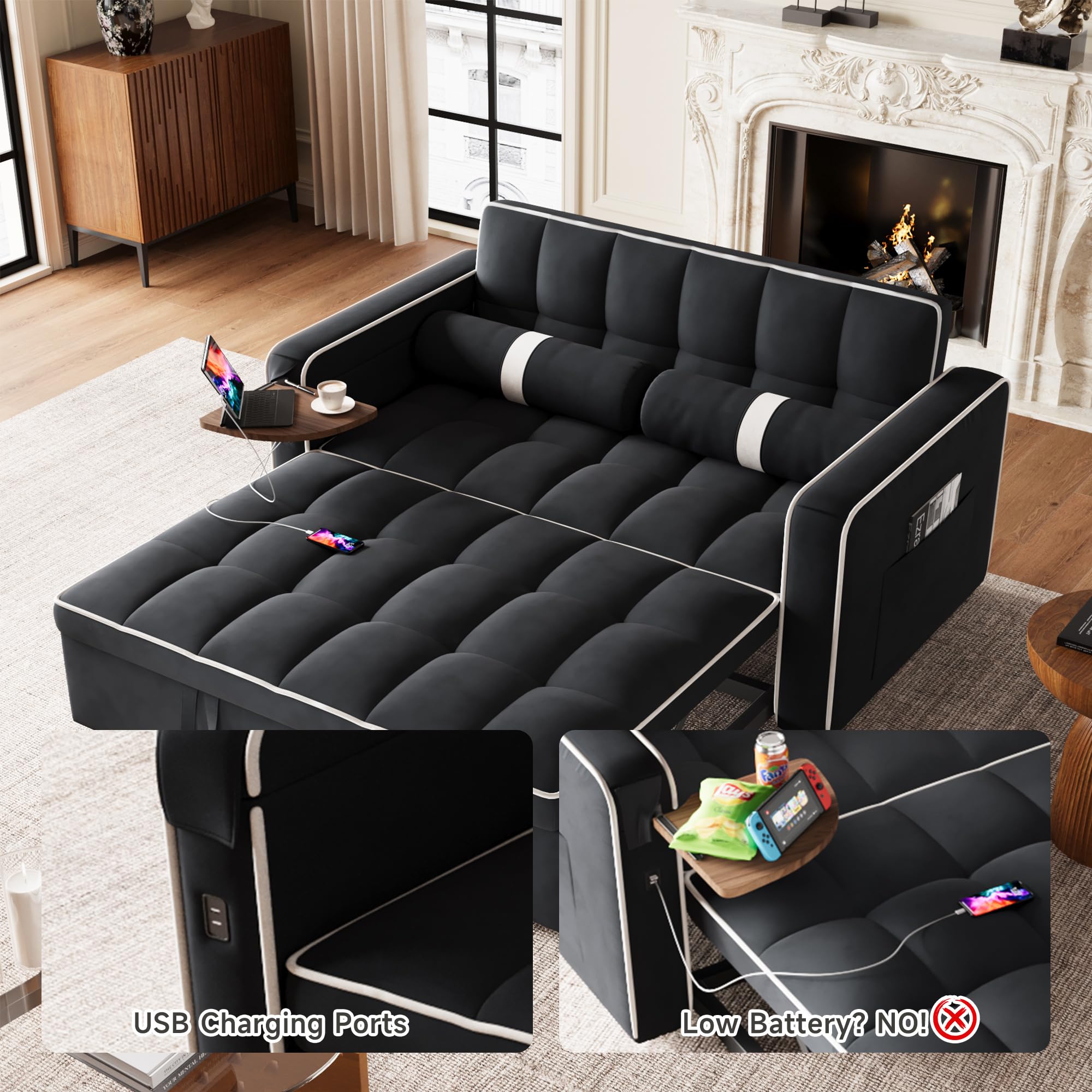 3 in 1 Sleeper Sofa Bed - Convertible Love Seat Couch with Side Table, Tufted Futon Sofa w/Pullout Bed, Adjustable Backrest, Cylinder Pillows, Small Sofa Daybed for Living Room, Apartment (Black)