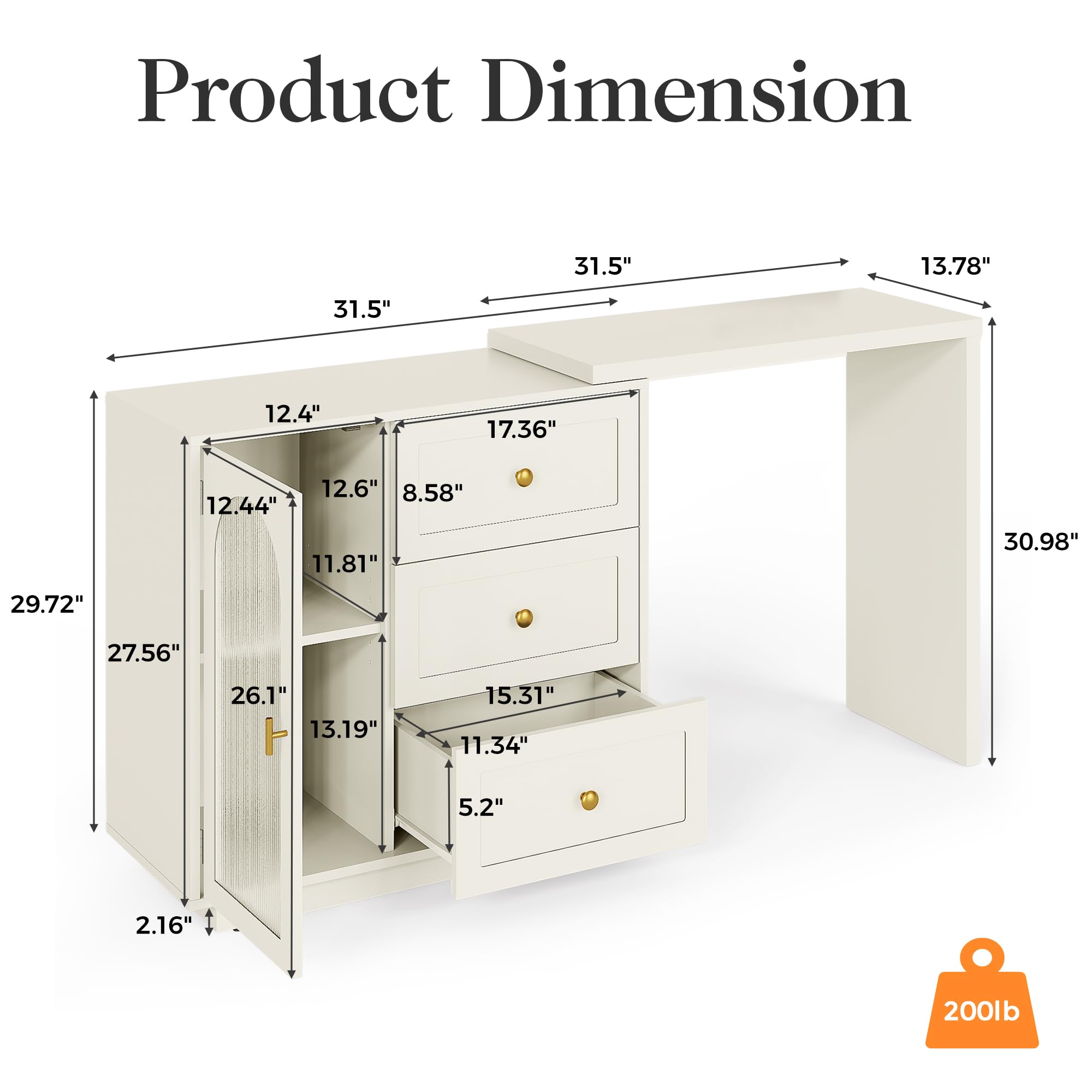 RoyalCraft Makeup Vanity Desk, Extendable Corner Vanity Makeup Table with 3 Drawers & 1 Door, Modern Dressing Table for Bedroom, Cream White Makeup Vanity Without Mirror