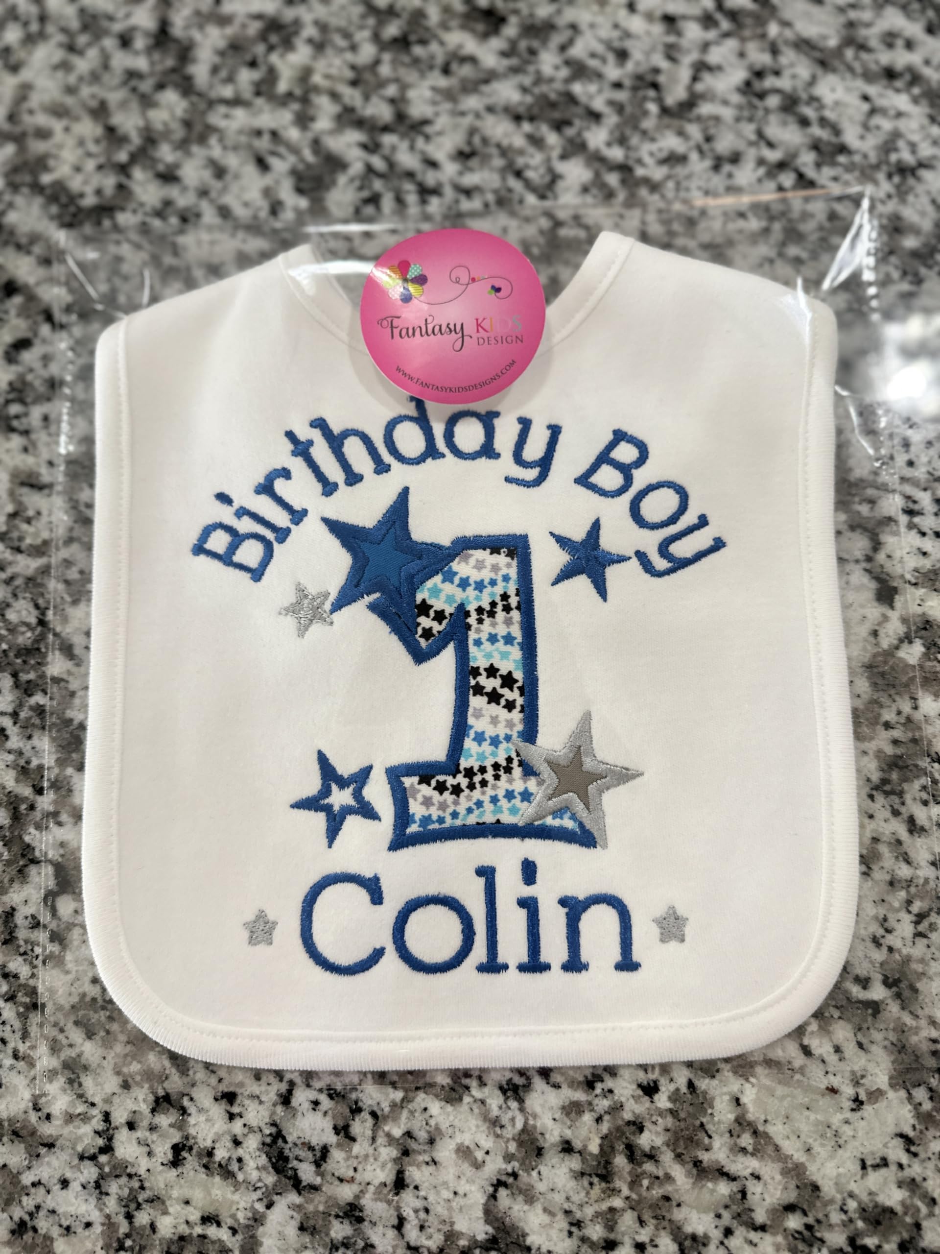 Fantasy Kids Designs First Birthday Boy Bib Smash Bib for Baby Boy Personalized with Custom Name (White Bib/Royal Blue)