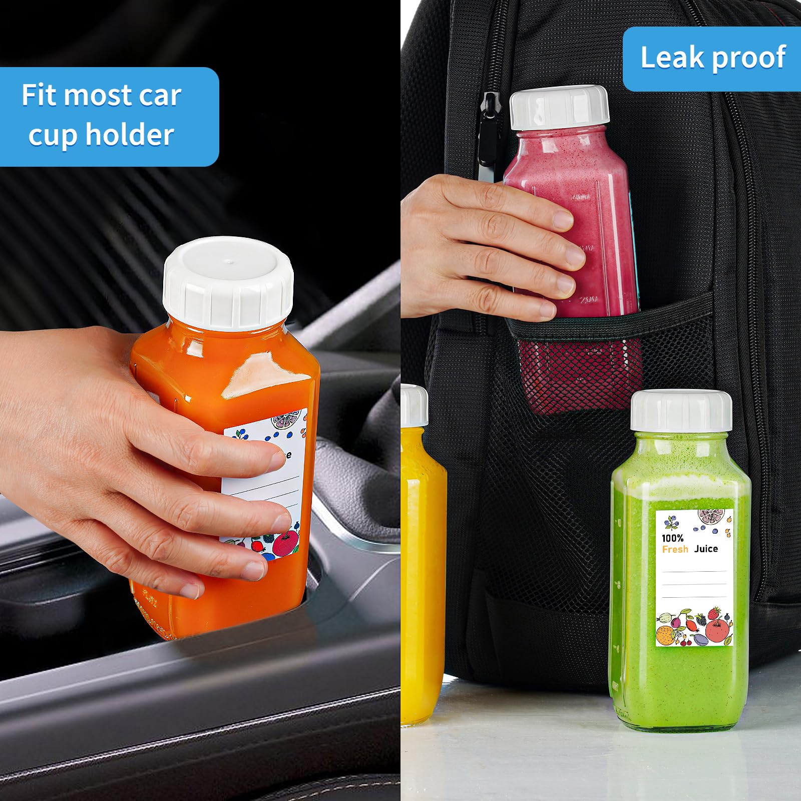 6 Pack 16 Oz Glass Juice Bottles w Pour Spout, 100% Airtight Heavy Duty SCREW Lid- Reusable Glass Milk Bottles w Capacity Mark, Square Drinking Jar Juice Container(Extra 2 Lid)