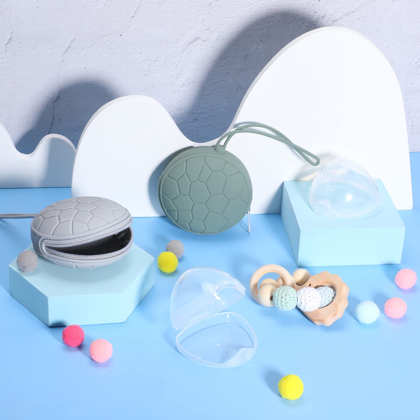 Nuanchu 4 Pieces Pacifier Holder Case Set 2 Silicone Portable Pacifier Case Cover Pouch for Diaper Bag with 2 Transparent BPA Free Pacifier Storage Container Box(Gray, Army Green)