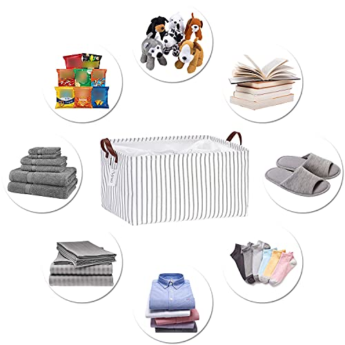 Hinwo 70L Extra Large Capacity Storage Basket Canvas Storage Bin Collapsible Storage Box with PU Leather Handles and Drawstring Closure, 22 by 15 inches, Waterproof Inner Layer, Grey Vertical Stripe