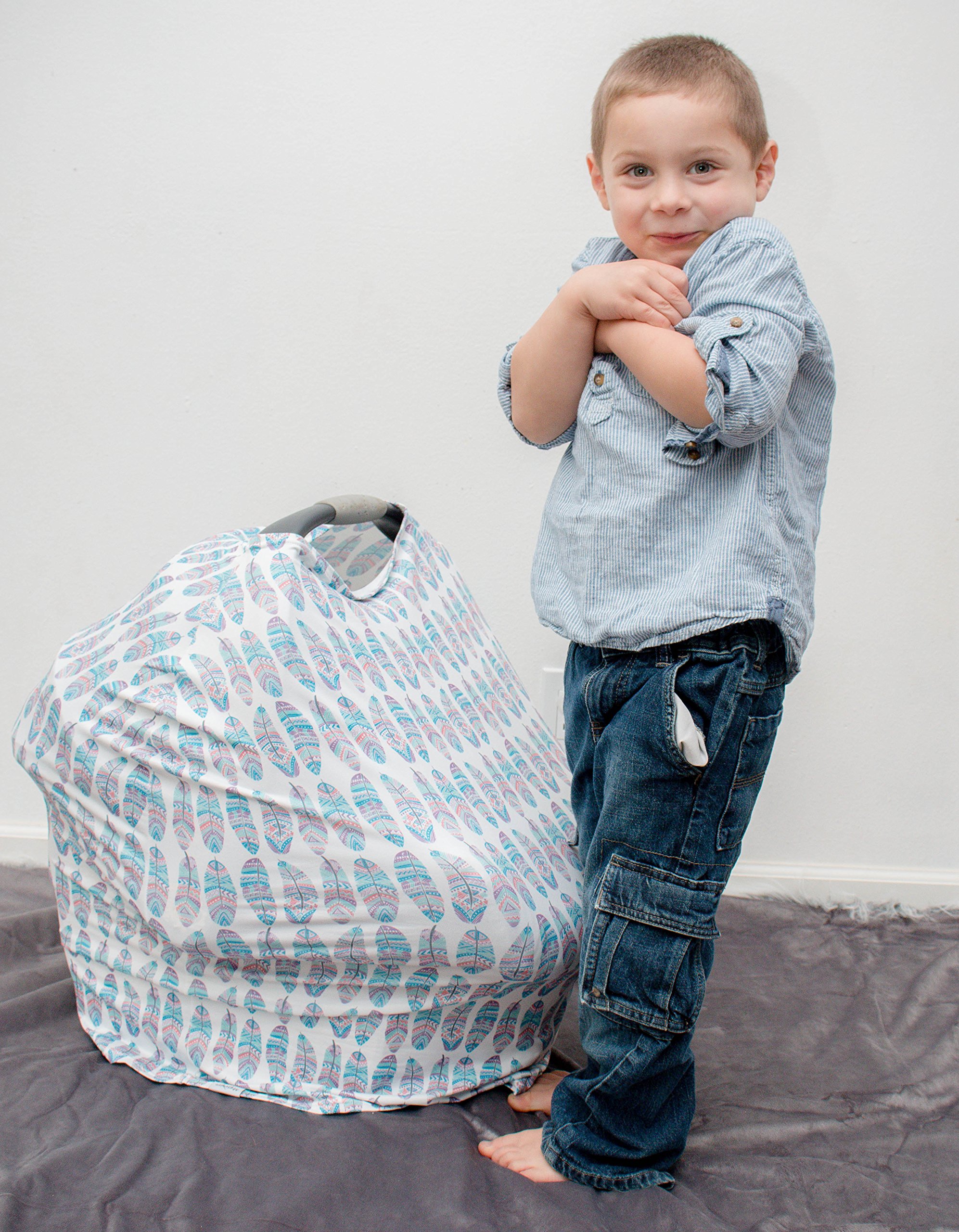 Baby Car Seat & Nursing Cover & Drawstring Carry Bag in Cute Feather Design Shower Gift Breathable Stretchy Universal 4 in 1 Multi-Use Infant Carseat Canopy Covers Shopping Cart High Chair Stroller