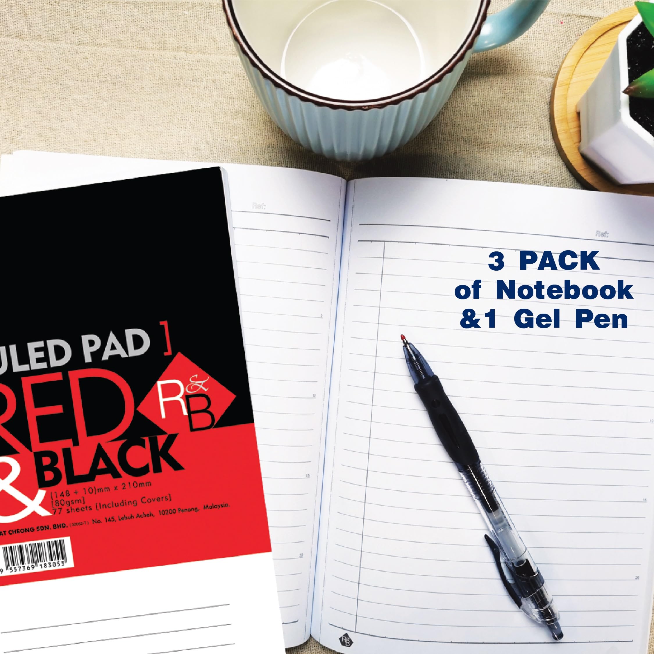 2 Pack A5 Composition Notebook 6.3inch x 8.3inch with 1 Gel Pen - Side open perforated pad, coated soft cover, super strong glue binding,154 pages, for work & school