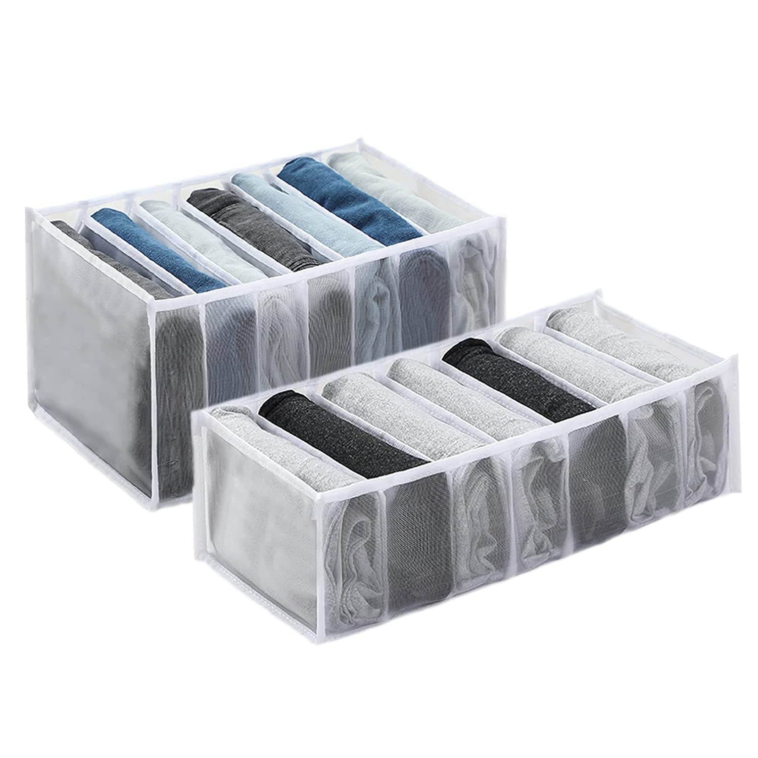 7 Grids Washable Wardrobe Clothes Organizer,Mesh Clothes Storage Organizer for Jeans,Leggings Compartment Storage (2Pcs White, Medium+Large)