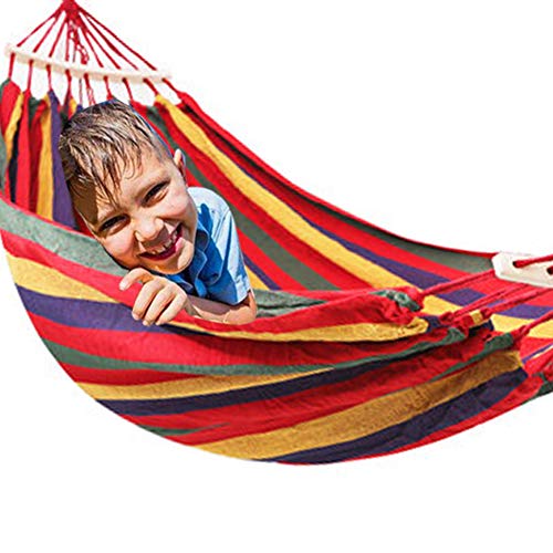 HappyGo Camping Hammock Canvas Fabric Hammock 550lbs with Anti Roll Balance Bar and Tree Strap Cotton Hammock for Camping, Backyard, Garden, Beach, Patio Gift