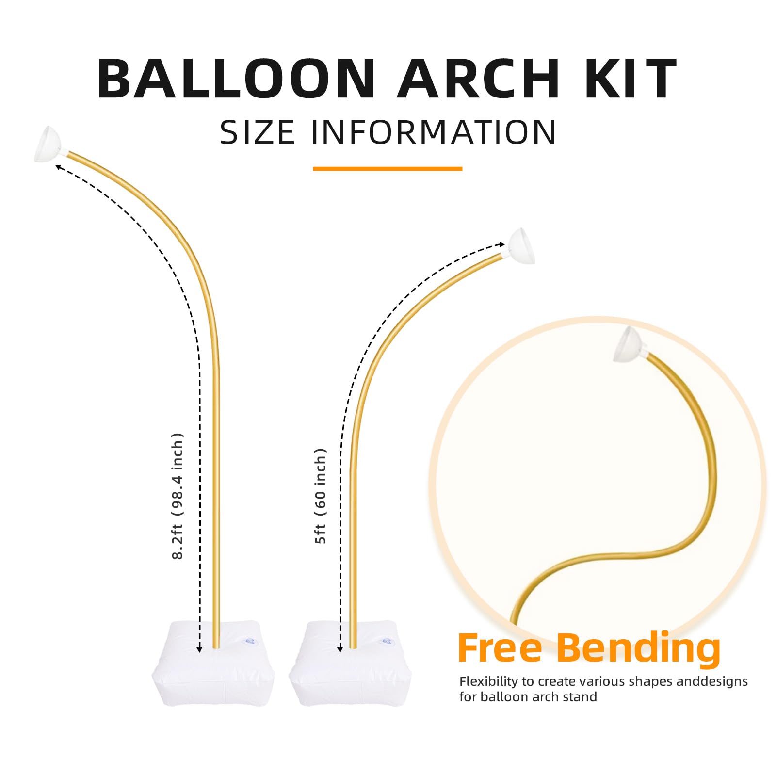JINSENHUI 8FT & 5FT Gold Balloon Stand Kit, Free Bending Balloon Arch Column, Half Arch Balloon Stand with Base for Wedding, Birthday, Baby Shower, Graduation, and More