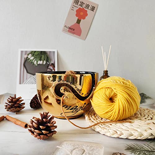 Ceramic Yarn Bowl for Crochet and Knitting Accessories - Best Yarn Holder - Fits Extra Large Yarn Ball or 4 to 5 Small Balls - for Knitters and Crocheters 6.5ββ x 4.5" (Gold/Black)