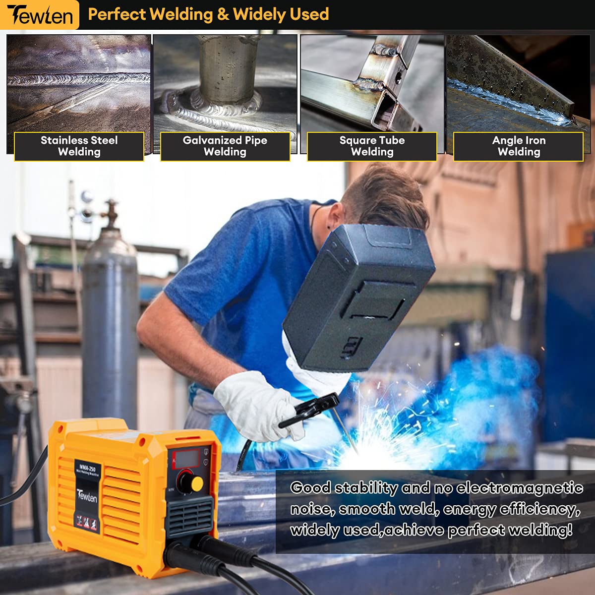 250Amp MMA Welder, TEWLEN ARC Welding Machine Kit, Portable 110V IGBT Digital Display LCD Hot Start Welder Electric Welder Machine with Electrode Holder,Earth Clamp,Mask,Brush,Welding Rods,Gloves