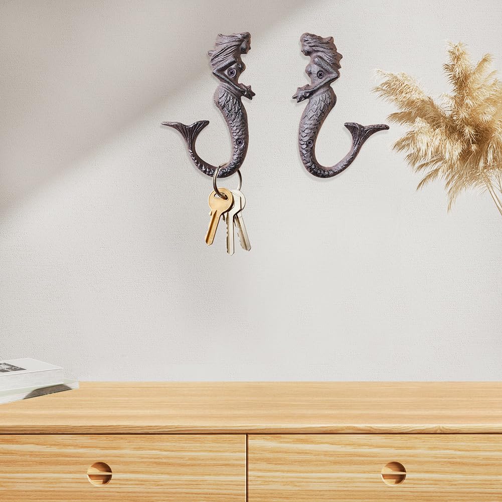 UVKDEENK 2pcs Mermaid Hooks, Wall Mounted Clothes Hooks, Heavy Duty Animal Iron Hooks, Personalized Hooks for Bathroom, Locker, Living Room, Garden, Outdoor, Park, Hallway, Office, Towel, Coat