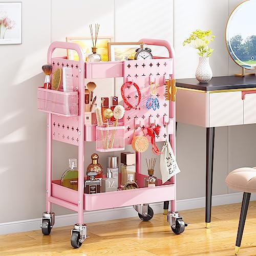 3 Tier Rolling Cart Organizer - Utility Cart on Wheels, Metal Pink Rolling Storage Cart with DIY Dual Pegboards, Removable Baskets Hooks, Teacher Rolling Art Cart for Office, Home, Kitchen, Classroom