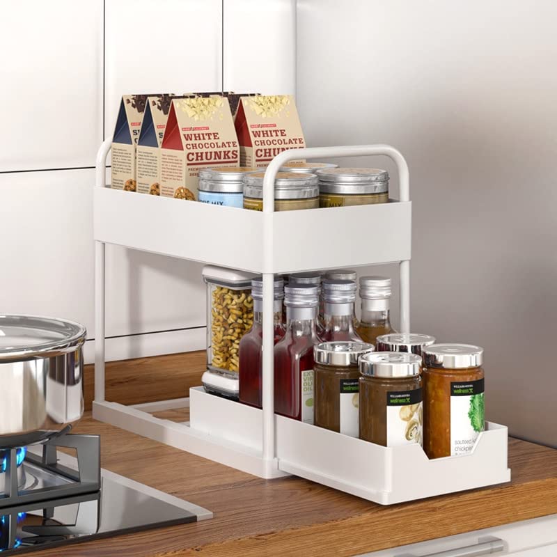 3 Tier Under Sink Organizers and Storage, Kitchen Bathroom Cabinet Organizer with Hooks,Cabinet Basket Storage Shelf,White