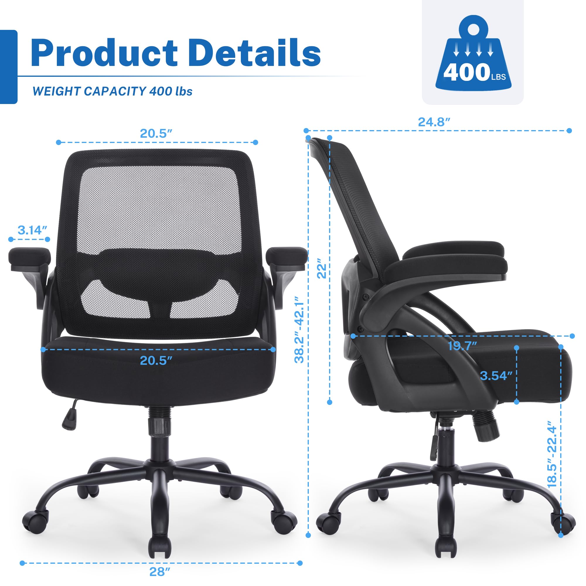400lb Big and Tall Office Chair, Mesh Heavy Duty Desk Chair, Flip Arms Plus Size Ergonomic Computer Chair Extra Wide Seat, Executive Home Office Rolling Swivel Task Chairs for Heavy People