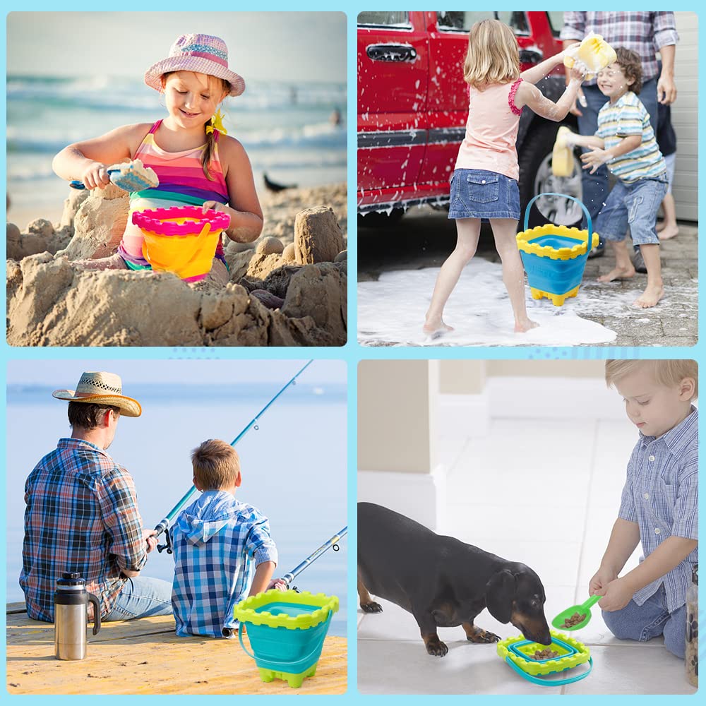 7 PCS Castle Foldable Beach Sand Buckets Toy Set with Shovels Scoop Sifter for Kids, 3L Silicone Collapsible Bucket Pails for Toddler, Summer Toy, Sandbox Kit Camping Gear Beach Essential Gift
