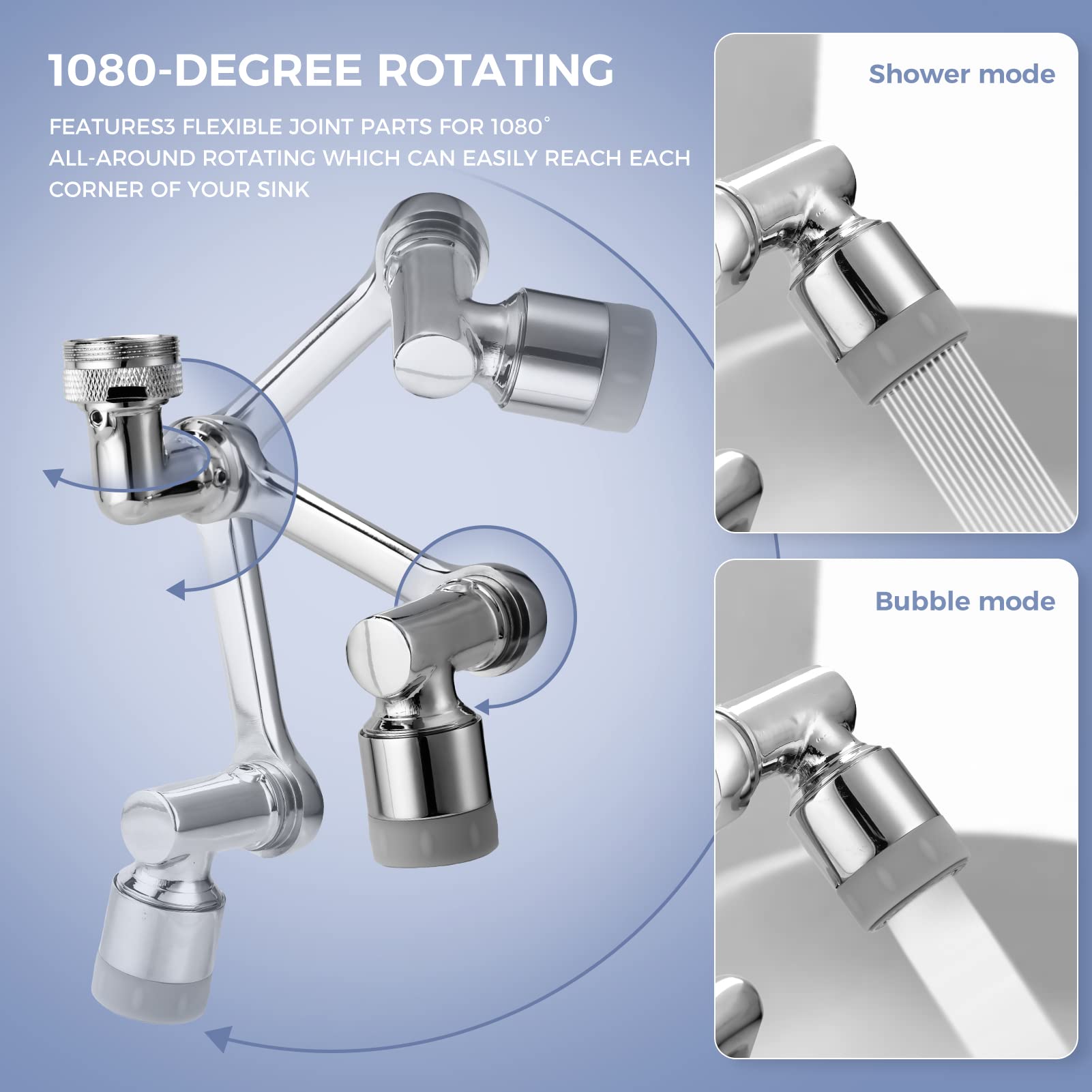 2Pcs Faucet Extender for Bathroom Sink with 2 Water Outlet Modes, Universal 1080° Rotating Robotic Arm Faucet Aerator, Brass Sink Faucet Attachment, for Kitchen & Bath Faucet Parts Replacement