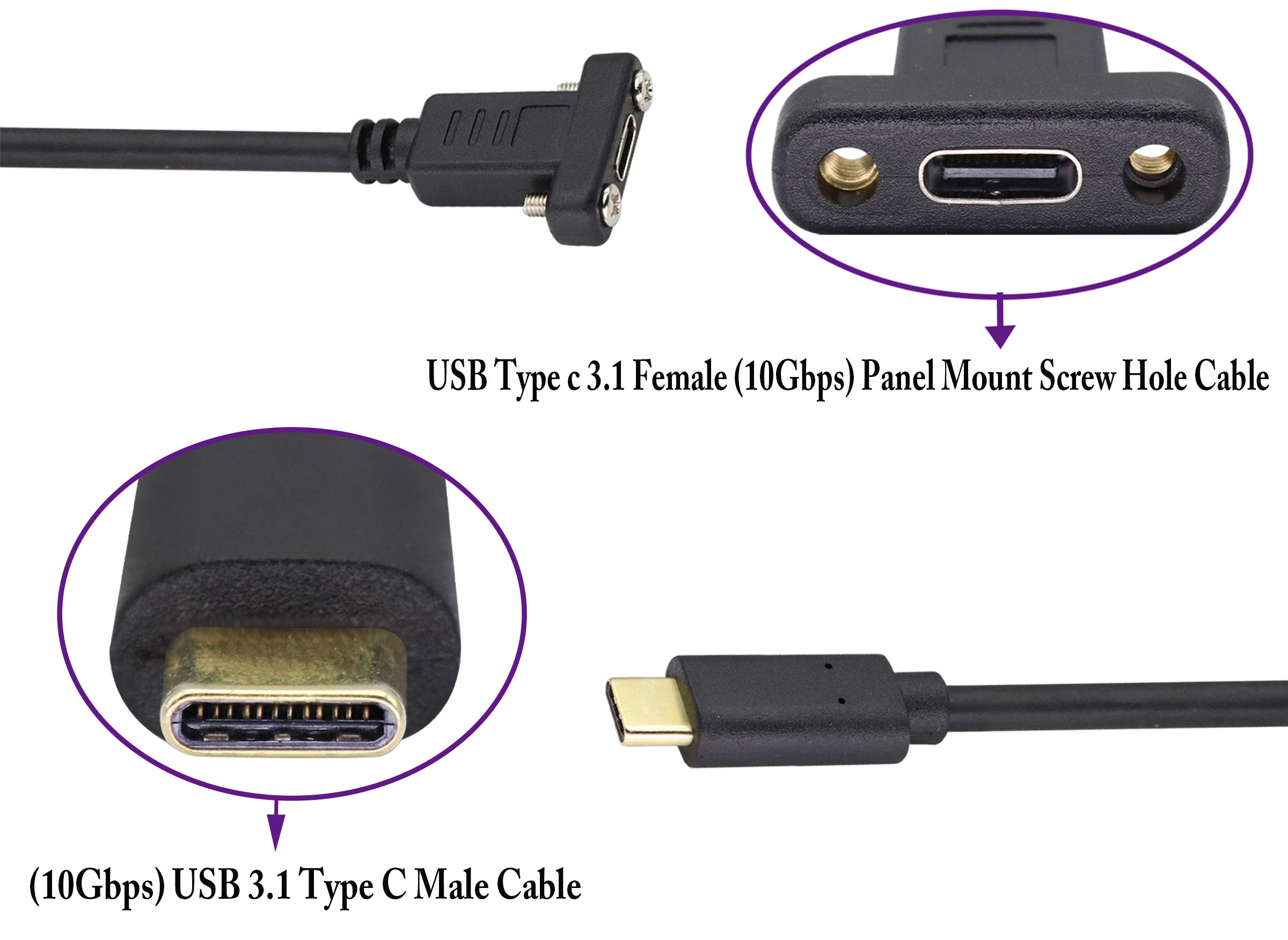 AAOTOKK USB Type C 3.1Panel Mount Adapter Cable USB-C 3.1 Gen2 10Gbps Male to USB C Female Panel Mount Screw Cable,Supports Charging,Data,Audio,Video Cable for Laptop,Tablet,Mobile Phone(0.3M/1ft)