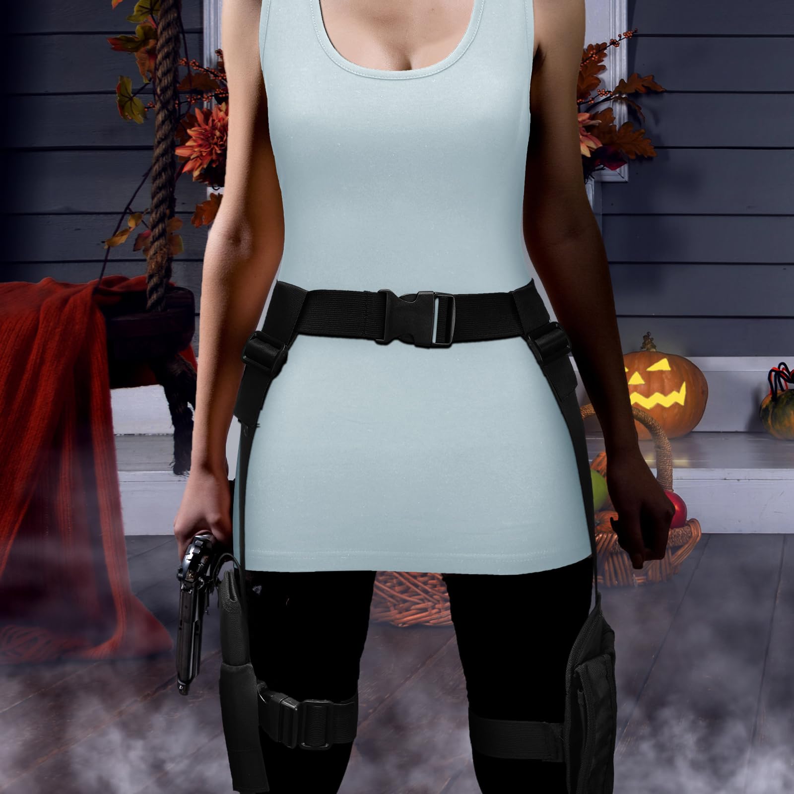 2 Pcs Halloween Thigh Holsters Costume for Women Leg Gun Holster Drop Adjustable Universal Pistol Leg Thigh Holster Pouch Holder with Magazine Pouches and Basic Racerback Crop Tank Tops (Blue)