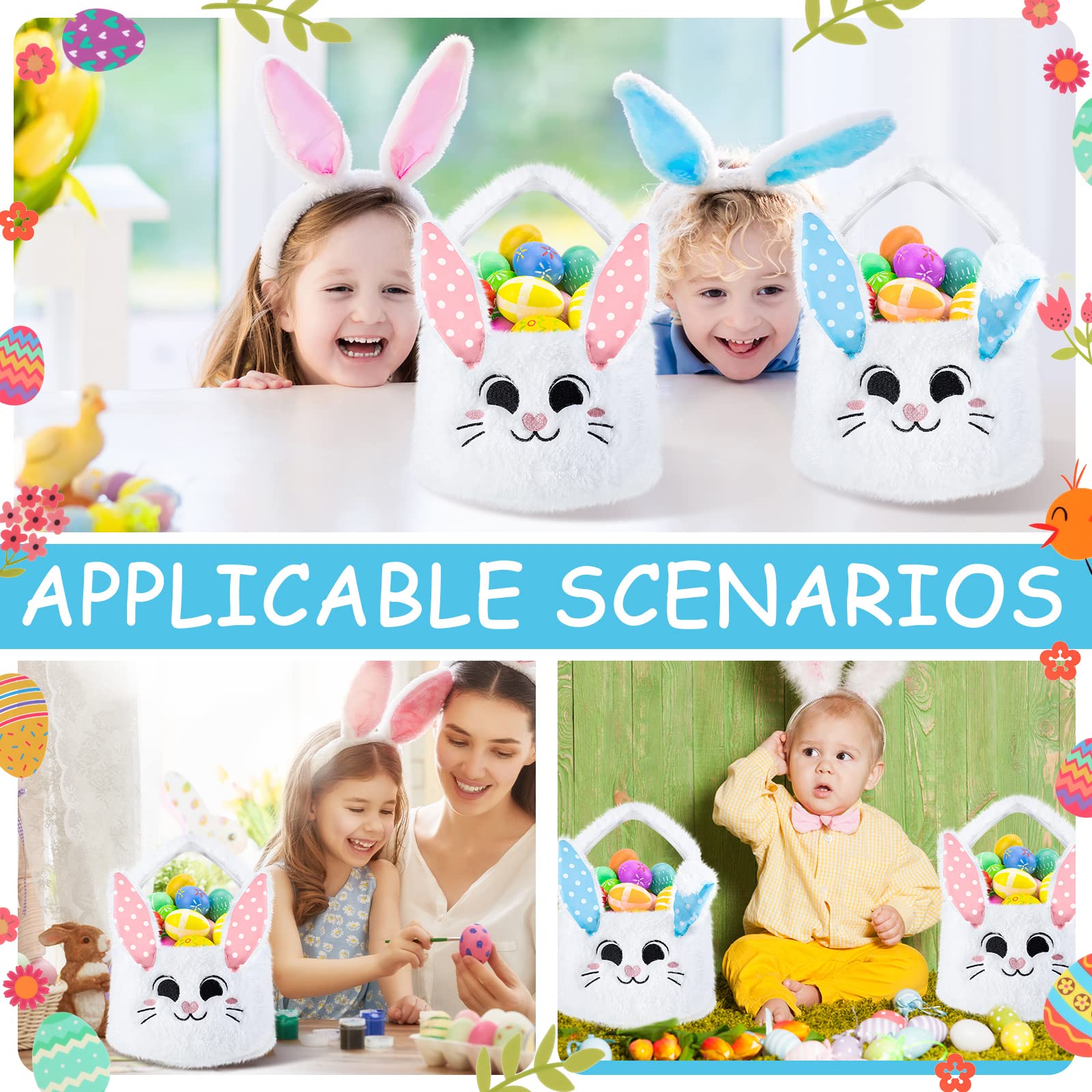 2 Pcs Plush Easter Bunny Basket Bunny Easter Buckets Fluffy Rabbit Easter Basket Bunny White Basket with Handle and Foldable Ear for Kid Adult, Easter Gifts Bunny Easter Egg Basket Hunt Event Supplies
