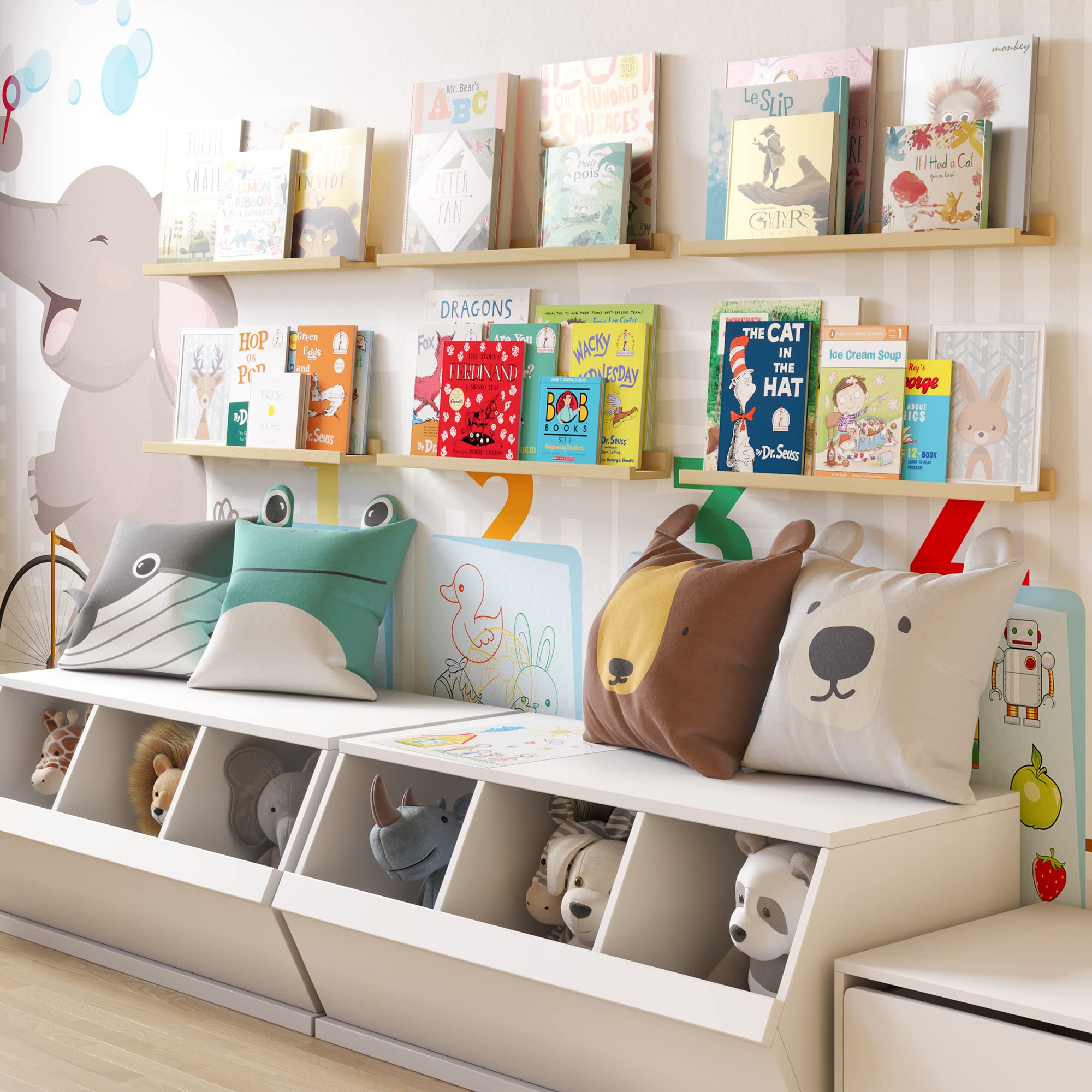 Wallniture Denver 24" Book Shelves for Kids Room Decor and Nursery, Wood Floating Shelves for Wall, Natural Pine, Set of 6