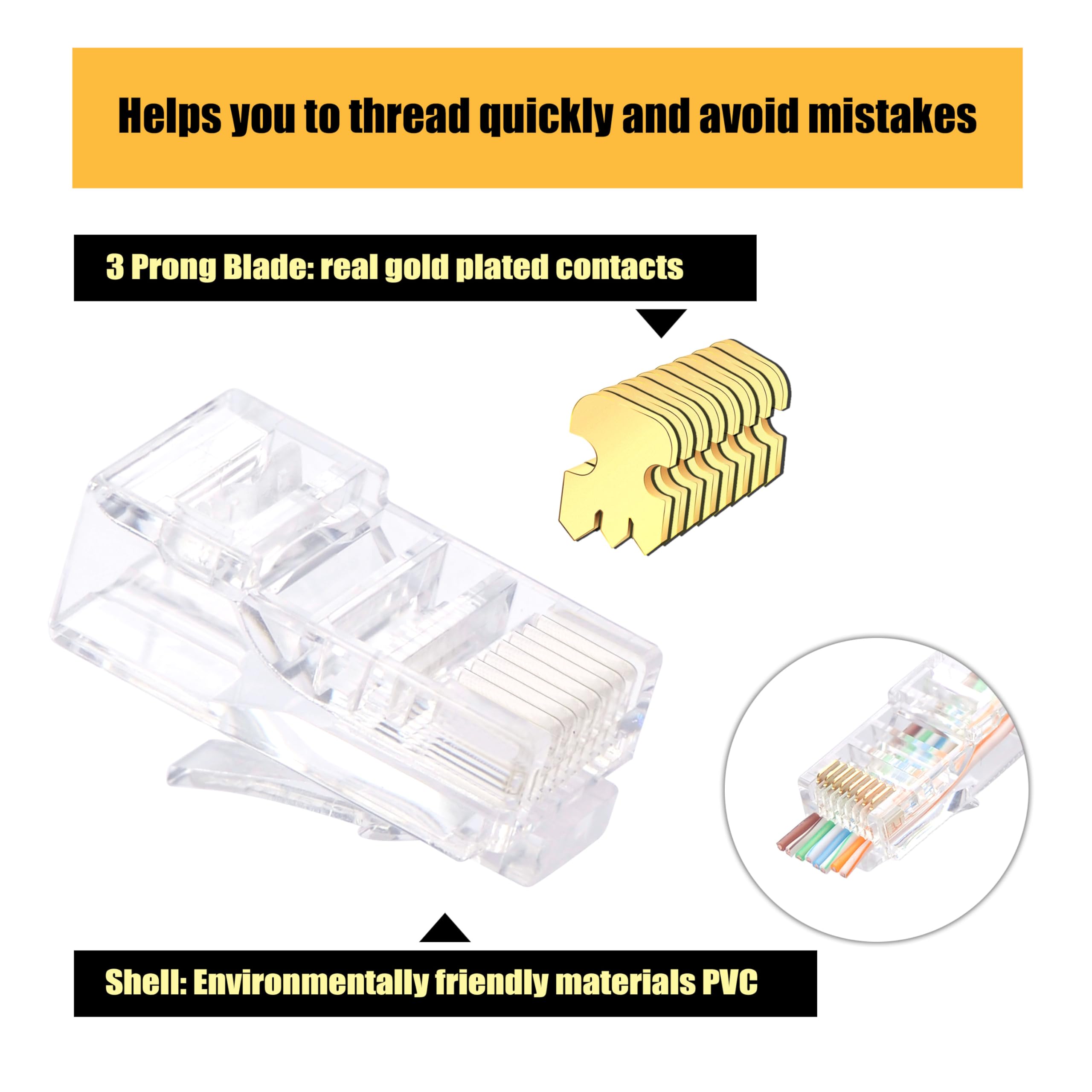 VCELINK RJ45 Cat5e Cat5 Pass Through Connectors, Cat5e RJ45 Ends, RJ45 Modular Plugs for Solid or Stranded UTP Network Cable 100-Pack