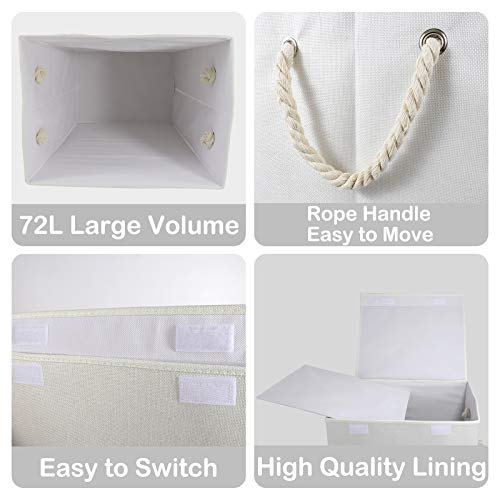 Laundry Hamper with Lid and Rope Handles,Foldable Hamper Easily Transport Laundry Basket,Linen Clothing Storage and Organization for Home Bedroom,Extra Large Capacity Toy Box,(Beige White)
