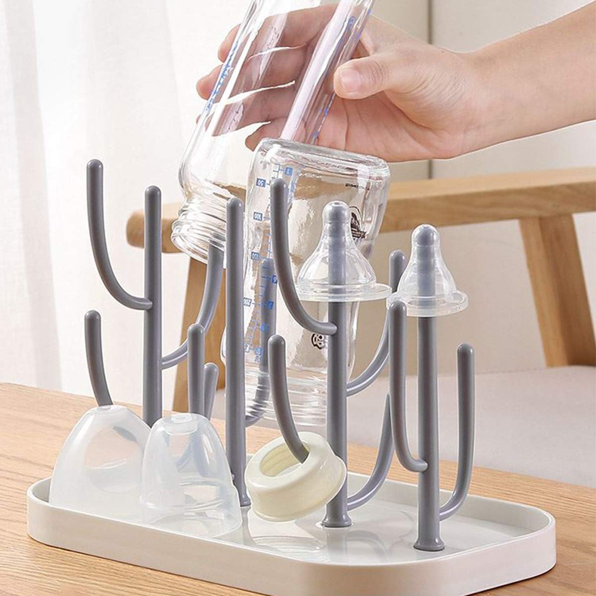 FEOOWV Baby Bottle Drying Rack with Base, Creative Tree Branch Baby Bottle Dryer Holder for Bottles, Teats, Cups, Pump Parts and Accessories (Gray)