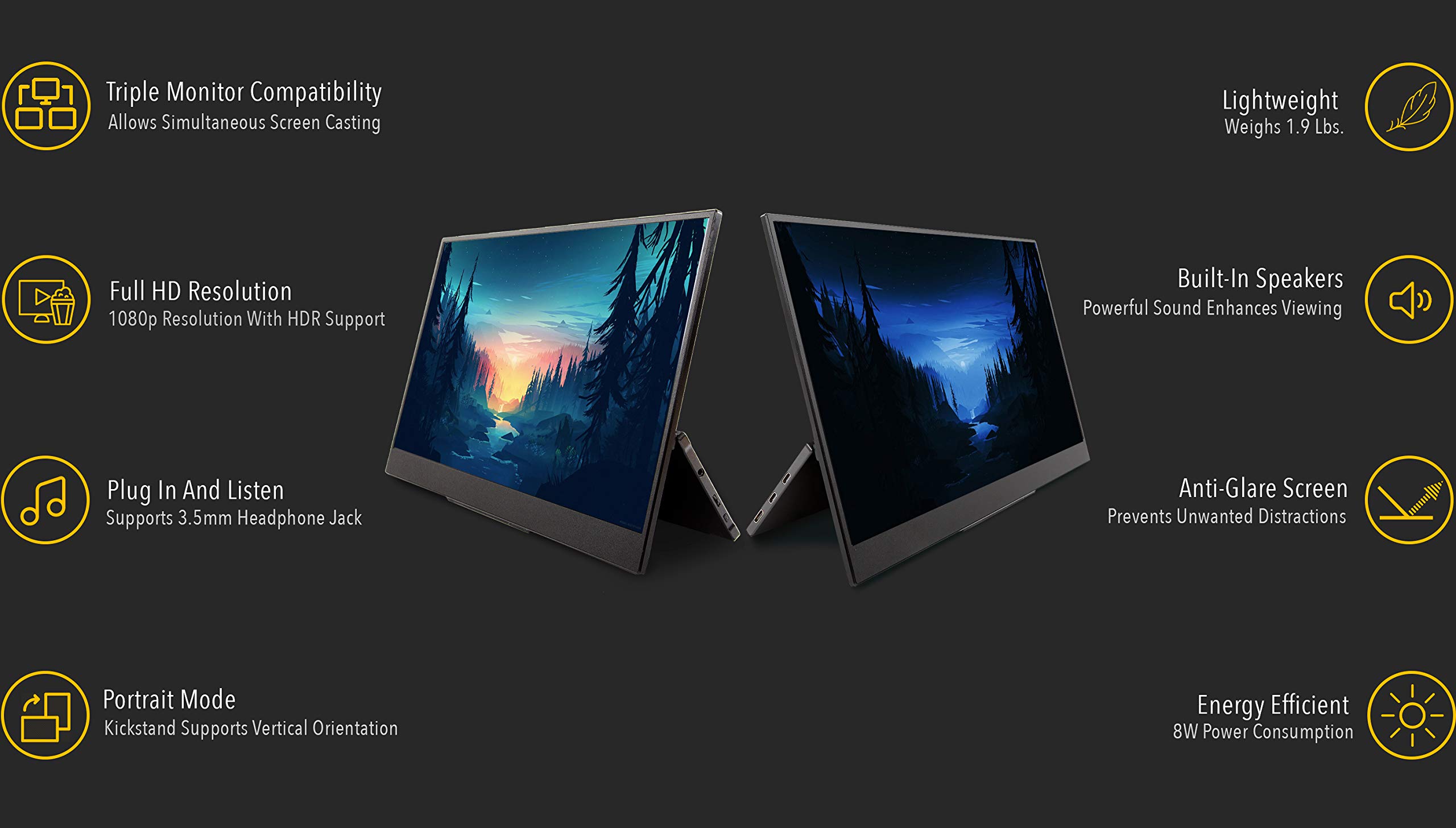 SideTrak Solo Triple 15.6β Portable Gaming Monitor for Laptops, 2 Freestanding 15.6β FHD 1080P LED Display Screens, Extending Screens for Mac, PC, & Chrome, USB-C or HDMI, Speakers & HDR Mode