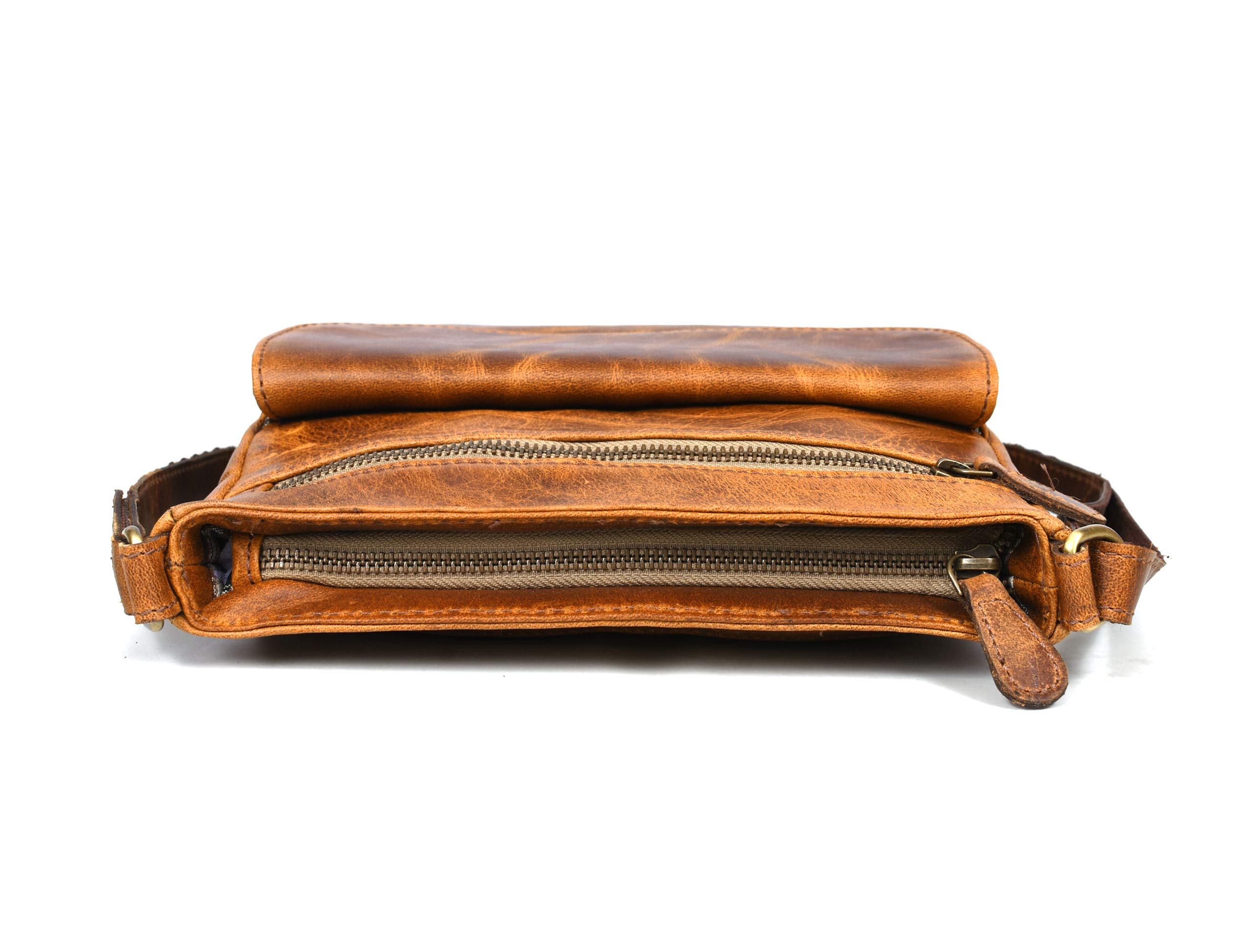 Aaron Leather Goods Women Crossbody bag with Metal Zipper Brown Black (Chestnut)