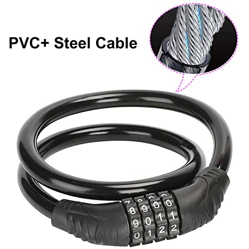 2 PACK Bike Locks Cable,Anti Theft Bicycle Lock Chain,4 Digit Security Resettable Bike Combination Lock Self Coiling Combination Cable Combo Bike Locks Without Mounting Bracket,2 Feetx1/2 Inch (Black)
