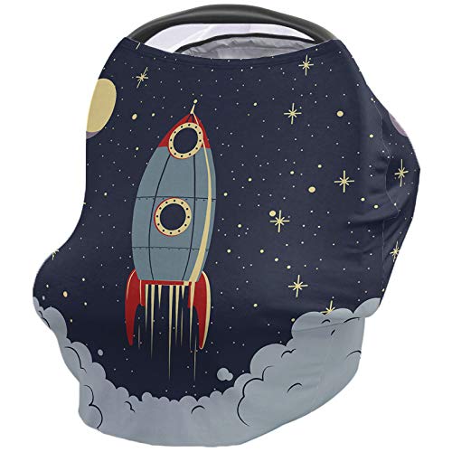 Car Seat Canopy Nursy Cover - Space Theme Cute Cartoon Rocket Moon and Stars Pattern - Multi Use Breastfeeding Scarf for Women, Baby Stroller Cover Shopping Cart Pad Breastfeeding Towel
