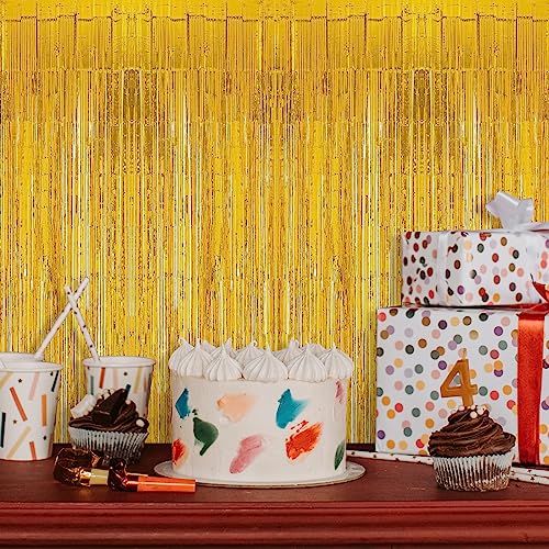 4 Pack 3.2ft x 8.2ft Gold Foil Fringe Curtain Backdrop Metallic Tinsel Foil Fringe Curtains Photo Booth Backdrop for Birthday Party Decorations Christmas Baby Shower Party Decorations (Gold)
