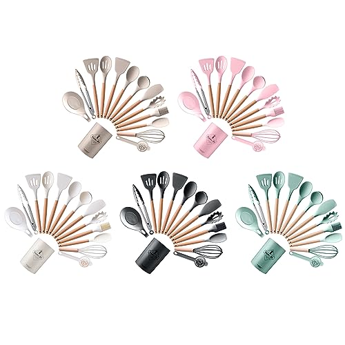 14 Pcs Silicone Kitchen Utensil Set Tongs Spoon Spatula Wood Handle Cooking Utensils Kitchen Gadget Tools Set Non Stick Heat Resistant Cooking Utensils