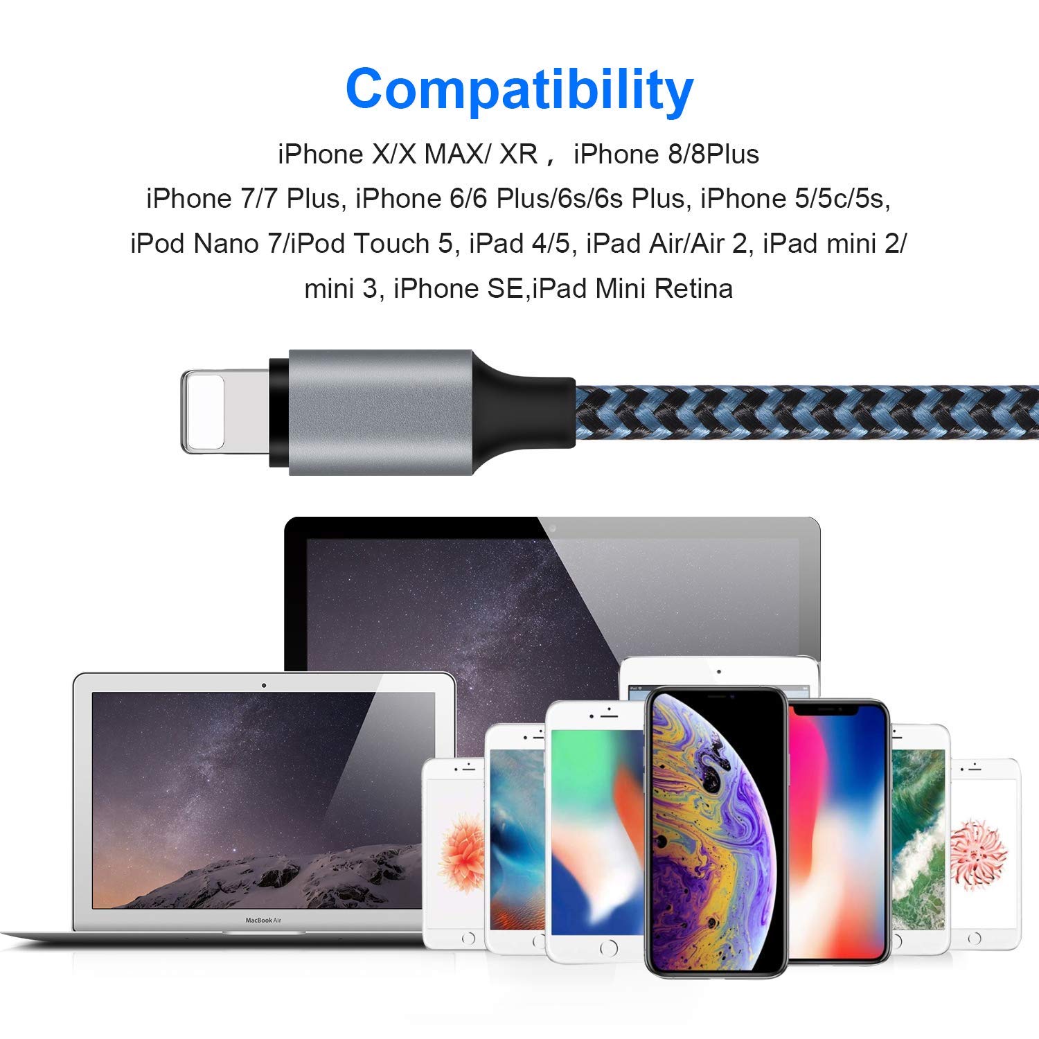 Atill iPhone Charger 10FT iPhone Charger Cable Nylon Braided Charging Cord Compatible iPhone 14/13/12XR XS XSMax X 8 8 Plus 7 7 Plus 6 6s Plus SE 5 5s 5c (Blue), 3 Pack