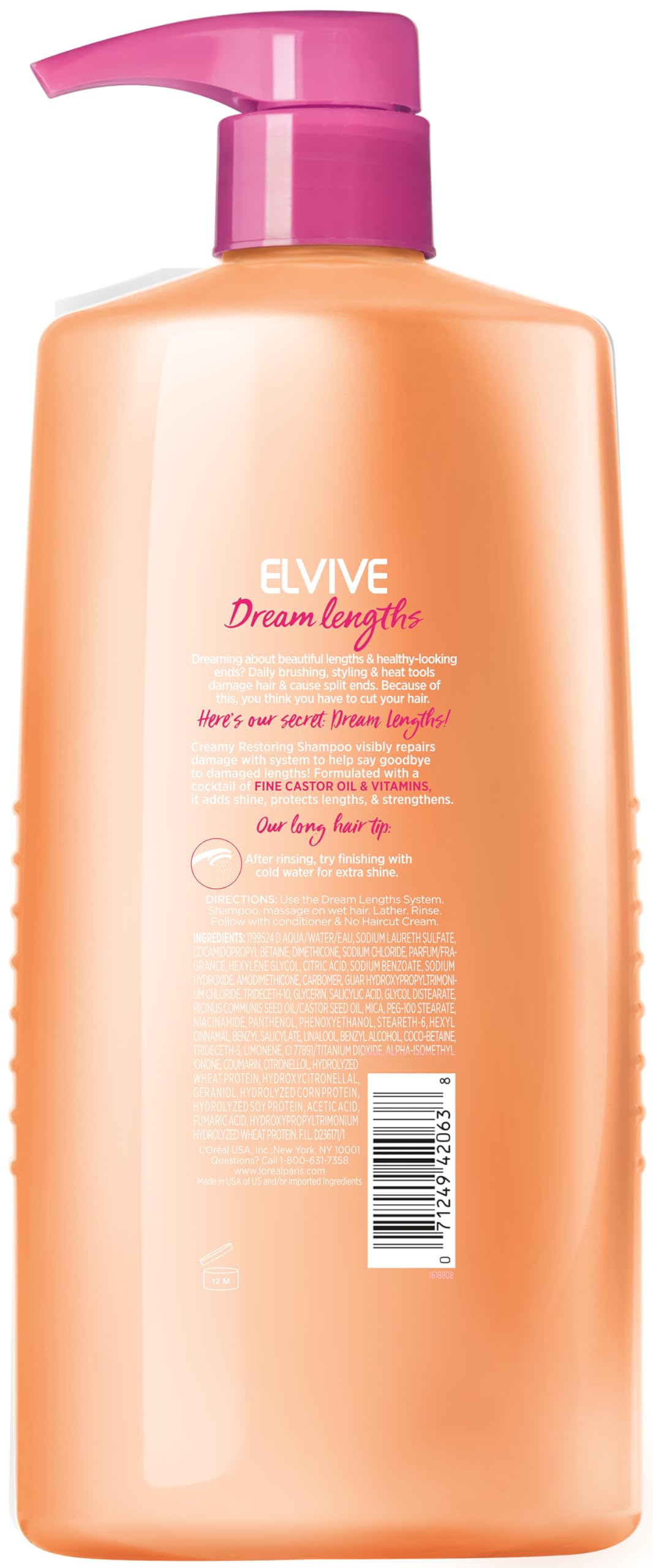 L'Oreal Paris Elvive Dream Lengths Restoring Shampoo With Fine Castor Oil and Vitamins B3 and B5 for Long, Damaged Hair, Visibly Repairs Damage Without Weighdown With System, 28 Fl Ounce