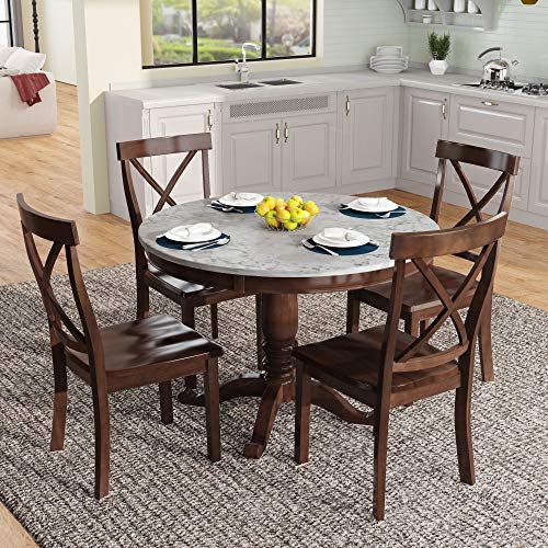 5 Pieces Dining Table and Chairs Set, Wood Kitchen Set with Round Marble Veneer Top Dining Table and 4 Chairs, Rustic Dining Table Set for 4 Persons